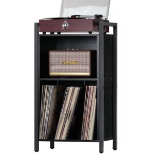 yaharbo record player stand, 3-shelf black vinyl record holder with storage, record stand, vintage turntable stand holds up to 100 albums, record table with handle for living room, bedroom, office