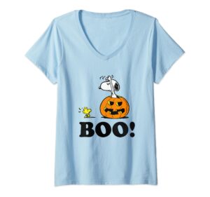 womens peanuts halloween snoopy woodstock boo! v-neck t-shirt