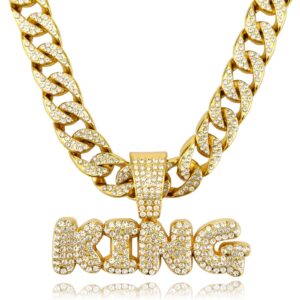 idrupace miami mens cuban link chain silver gold plated bling cuban necklace diamond chain for men 13mm iced out chain hip hop jewelry (gold chain+king pendant, 18.0 inches)