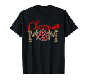 cheer mom biggest fan leopard print black and red pom pom t-shirt