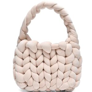 handwoven tote bags for women chunky yarn knit shoulder bag handmade braided purse(beige)