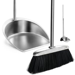 broom and dustpan set for home, upright broom and dust pan with long handle, heavy duty stainless steel dustpan with broom combo set for sweeping indoor outdoor kitchen lobby floor, black