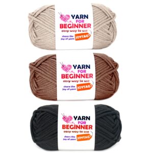 yarn for crocheting and knitting cotton crochet knitting yarn for beginners with easy-to-see stitches cotton-nylon blend easy yarn for beginners crochet kit(3x50g)-black+coffee+beige