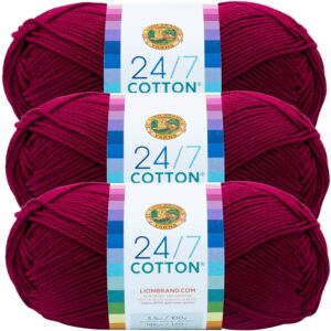 lion brand 24/7 cotton yarn, lightweight yarn for knitting, crocheting, and crafts, magenta, 3 pack