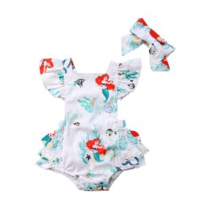 baby girls rompers, mermaid sea world pattern flower edge bodysuit with hairband outfits clothes（white，6-12m