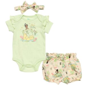 disney princess tiana infant baby girls bodysuit shorts and headband 3 piece outfit set green/khaki 24 months