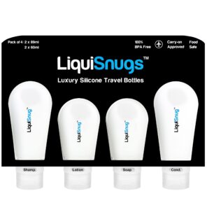 liquisnugs premium - 100% guaranteed leak proof silicone travel bottles for toiletries - tsa approved container. premium range travel shampoo bottles with suction cups and adjustable labels