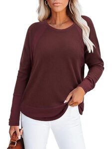 solersun womens waffle knit tops long sleeve crewneck casual loose blouses lightweight pullover jumper 2023 fall jujube red m