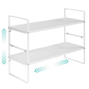 jkxoo 2pack expandable cabinet shelf organizers, stackable metal cabinet shelves extender for kitchen cabinet countertop storage, adjustable spices shelves rack stand for cupboard pantry, white