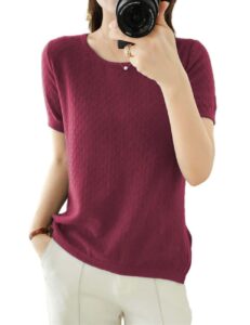 ailaile womens short sleeve sweaters tops summer thin pullover cotton knit shirt crew neck lightweight pointelle blouse jujube red