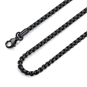 fosir mens womens 4mm stainless steel black rolo chain necklace, round box chains for men (30 inch)