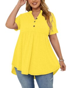 ploknrd women's plus size tops short sleeve henley v neck button up flowy t shirts tunic loose blouses yellow