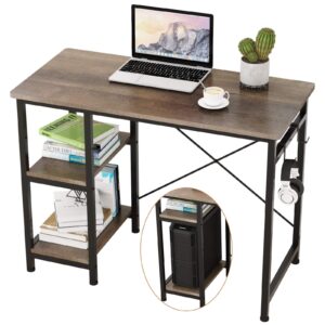 engriy writing computer desk 39", home office study desk with 2 hooks and storage shelves on left or right side, industrial simple workstation wood table metal frame for pc laptop, black oak