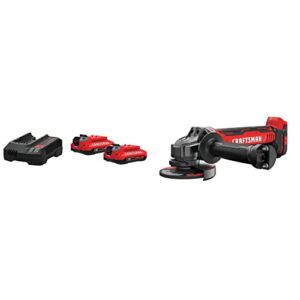 craftsman v20 battery & charger starter kit, 2.0 ah with v20 angle grinder, 4-1/2-inch, tool only (cmcb202-2ck & cmcg450b)