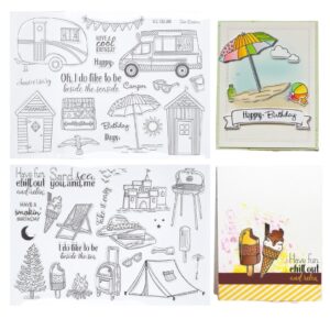 silicone stamp cards, 2pcs camping style clear stamps cute clear rubber stamps cartoon touring car seaside spending holiday series clear stamps