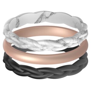 thunderfit women silicone wedding bands - stackable rings pack (set of 3) - unique designs (black, light marble, rose gold a - size 5.5-6 (16.5mm))