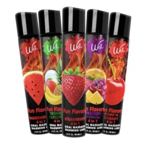 wet flavored tasty warming lube sampler (5- pack), five 1 oz bottles, premium personal lubricant, for men, women and couples, ideal for foreplay, paraben free, gluten free, stain free, sugar free