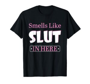 smells like slut in here offensive funny adult humor quote t-shirt