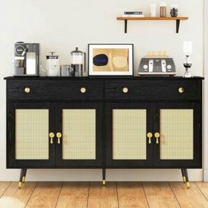 buffet cabinet with storage, 55” black kitchen cabinet with 4 handmade natural rattan doors, black sideboard storage cabinet with 2 drawers for dining living room