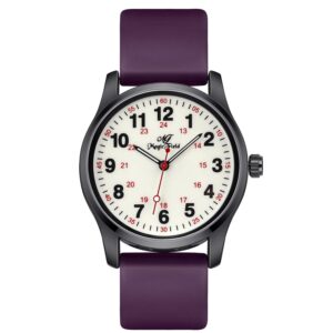 sudesmo women's nurse watch - waterproof, easy to read with second hand, silicone band, luminous - black, purple