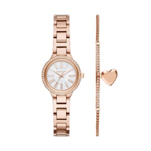 michael kors taryn three-hand rose gold-tone stainless steel women's watch and bracelet gift set (model: mk3858)