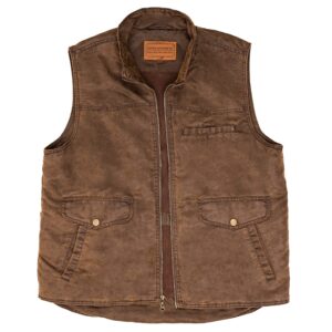 driver clothing co. men's heavy gauge poly canvas utility work vest with soft flannel lining and wax oil weather resistant finish | 5 outer pockets and 3 inner pockets | distressed brown | xx-large