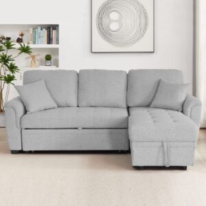 humeha reversible sectional sofa couch, light grey convertible pull out bed sleeper sofa with storage chaise lounge, upholstered l shaped couch with 2 pillows, linen fabric couches for living room