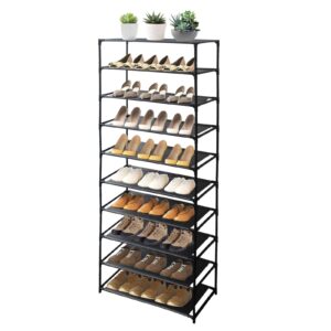 lcyindu tall shoe rack 10 tiers narrow shoe shelf, 27-30 pairs of shoes and boots organizer, black metal stackable shoe cabinet space saving for entryway, closet, bedroom, 23" d x 10.9" w x 61.8" h