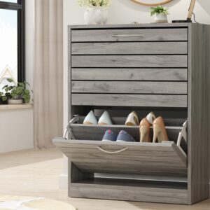 aiegle shoe storage cabinet with 2 flip drawers for entryway, freestanding shoe rack shoe organiazer with louver drawers, grey wood (22.4" w x 9.4" d x 29.5" h)