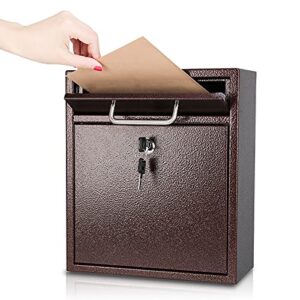 kyodoled steel key lock mail boxes outdoor,locking wall mount mailbox,security key drop box,12hx 10.51lx 4.68w inches,bronze large