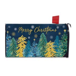 fbcoo merry christmas tree mailbox cover magnetic standard size 21"x19", xmas glitter navy blue decorative post letter box decor, snowflake winter holiday garden yard outdoor decoration