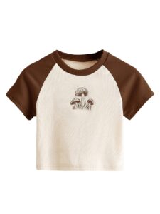 sweatyrocks women's graphic print round neck t shirt short sleeve crop tee tops mushroom brown l