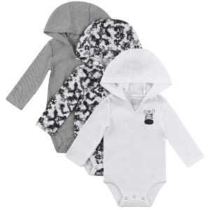 hanes unisex baby bodysuits, ultimate flexy hoodie long sleeve babies and toddlers, 3-pack, black/grey/white, 12-18 months us