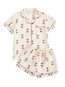 verdusa women's two piece heart print button down collar shirts and shorts pj sets beige m