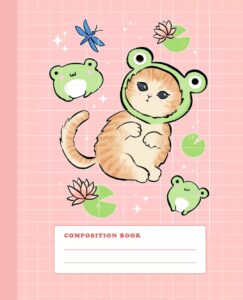 composition book: cute cat & frogs | college ruled wide lined notebook | pink kawaii korean aesthetic journal for school