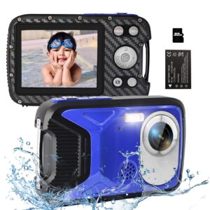 yeein digital camera 30mp kids digital camera with 32g sd card and rechargeable battery, 18x digital zoom compact portable digital camera for snorkeling swimming blue, 8026bu