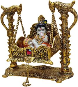 laxmi craft lord krishna jhula singhasan indian traditional handicraft antique look temple arch/gate design, laddu gopal sofa with jhula,brass,17 x 10 x17 cm (metal julla with marbal krishna)