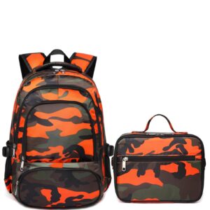 bluefairy boys backpacks set for kids elementary school bag with lunch box teens primary middle school book bags bookbag schoolbag sturdy travel lightweight gifts camo orange