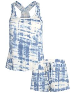 lucky brand women's pajama set - 2 piece cross back tank top and sleep shorts (s-xl), size small, blue tie dye