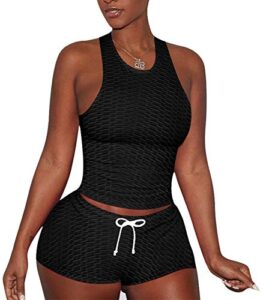 kansoon black two piece outfits for women sexy summer sport sets racerback tank tops and shorts set black xl