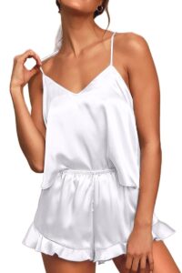 chyrii womens ruffled silk sleepwear racerback cami shorts pajamas sets camisole nightwear white xl