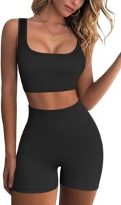 olchee women's sexy 2 piece workout outfits - seamless ribbed shorts and square-cut sports bra yoga activewear set - black size xl