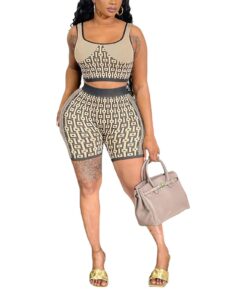 annystore women's sexy 2 piece outfits sleeveless print ribbed tank crop top jogger biker workout shorts tracksuit set brown xl