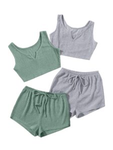 milumia women's 4 pieces ribbed knit crop tank top and drawstring waist shorts pajama set loungewear grey and green x-large