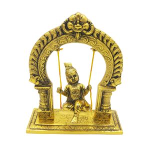 ecommall laddu gopal metal solid jhula swing with ladoo gopal murti handicraft showpiece idol for temple/home/office (gold, medium)