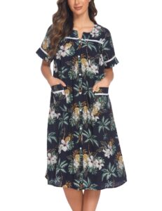 ekouaer house dress for women with pockets button front duster housecoat short sleeve nightgown dress floral woven lounger robe, navy, large