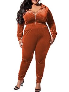 mrsyves velour sweatsuit for women solid color zip hoodie and matching sweatpants jogging set casual tracksuit plus size orange-xl