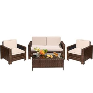 greesum 4 pieces patio furniture sets, wicker rattan sofa chair with soft cushions and sturdy coffee table, outdoor-indoor use for backyard porch garden poolside balcony, beige and brown