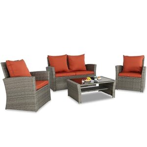 do4u 4 pieces patio furniture sets outdoor sectional wicker set outdoor conversation set patio set patio loveseats with coffee table porch, poolside, terrace, and yard (grey-orange)