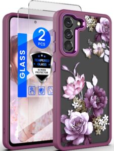 dretal for samsung galaxy s21 5g case floral, military grade drop tested hard back & soft edge slim flower women girls phone protective cover + tempered glass screen protector for galaxy s21(purple)